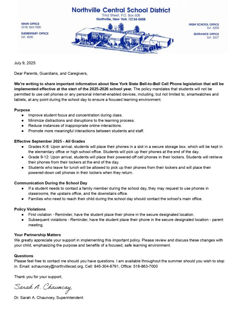 Cell Phone Letter to Families for 2025-26 - Northville Central School ...